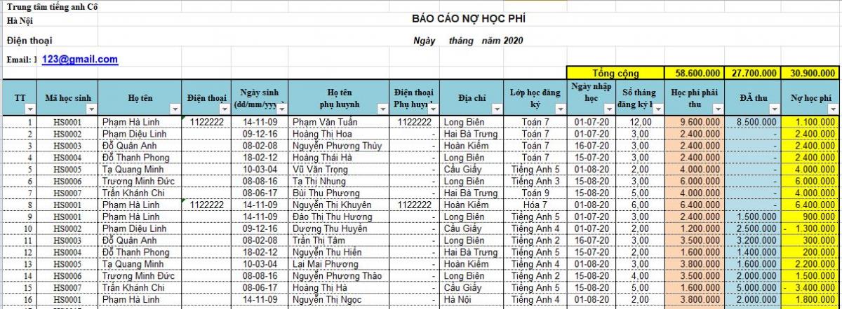 Các mẫu file excel trong quản lý trung tâm đào tạo | Phần mềm quản lý trung tâm đào tạo
